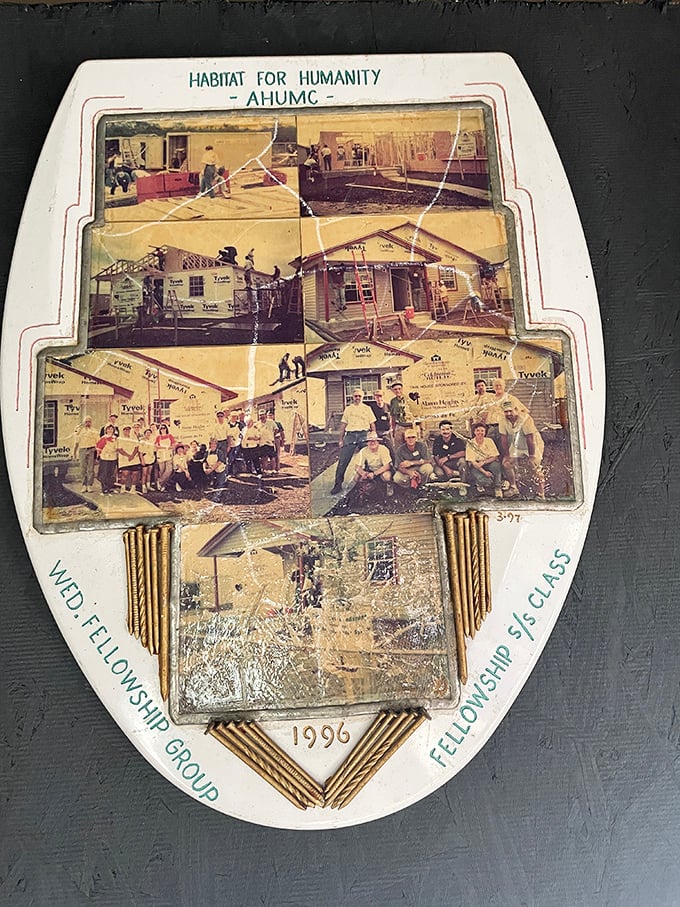 Community service immortalized in porcelain—this Habitat for Humanity seat celebrates building homes and building hope.