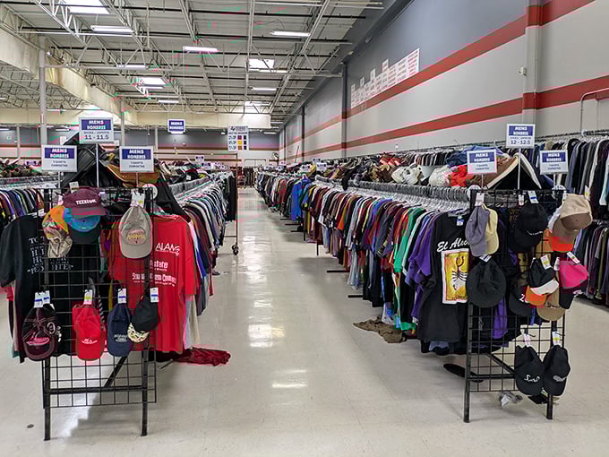 The clothing section—where fashion trends come for their encore performance. Those hats have protected scalps from the Texas sun for generations.