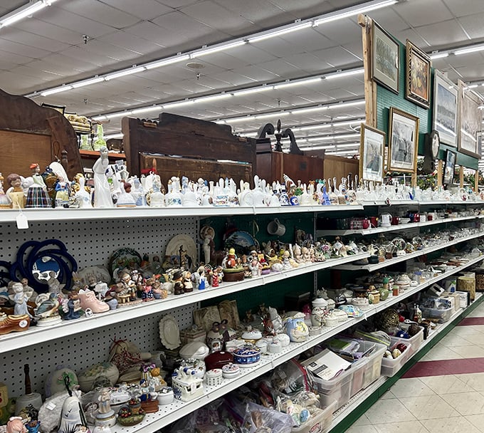 Porcelain figurines and collectibles lined up like an audience waiting for their curtain call. One person's downsizing becomes another's delightful discovery.