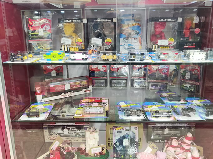 Behind glass, these miniature Hot Wheels and collectibles aren't just toys—they're the childhood dreams of Baby Boomers, perfectly preserved and priced.
