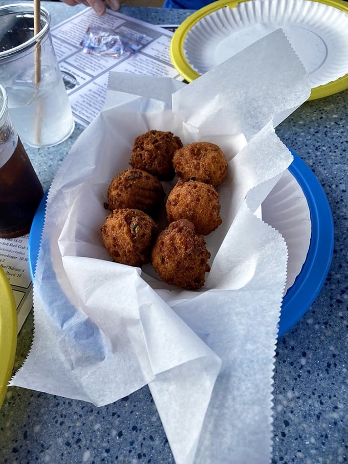 Hush puppies that aren't asking for silence but applause – golden-brown orbs of cornmeal perfection that disappear faster than Florida sunshine after a summer storm.