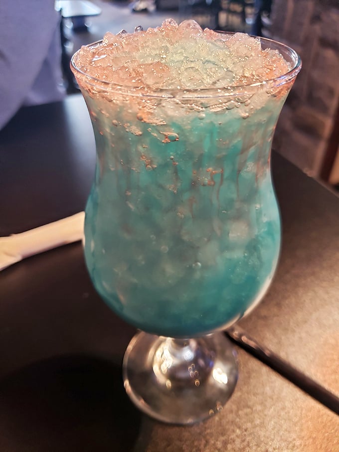 A blue drink that looks like it belongs on a tropical vacation but tastes right at home in central Pennsylvania – vacation in a glass.