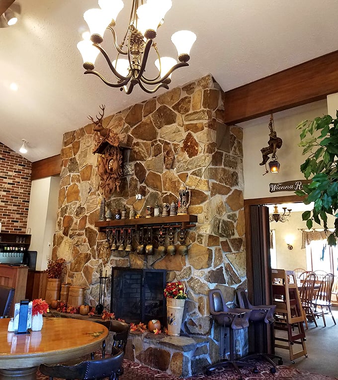 That stone fireplace isn't just for show—it's where cheese dreams are warmed to perfection on chilly Ohio afternoons.