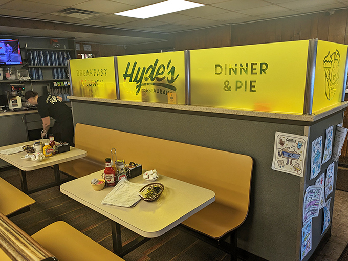 The illuminated Hyde's sign proudly announces "Breakfast, Lunch, Dinner & Pie"—four of the most beautiful words in the English language.