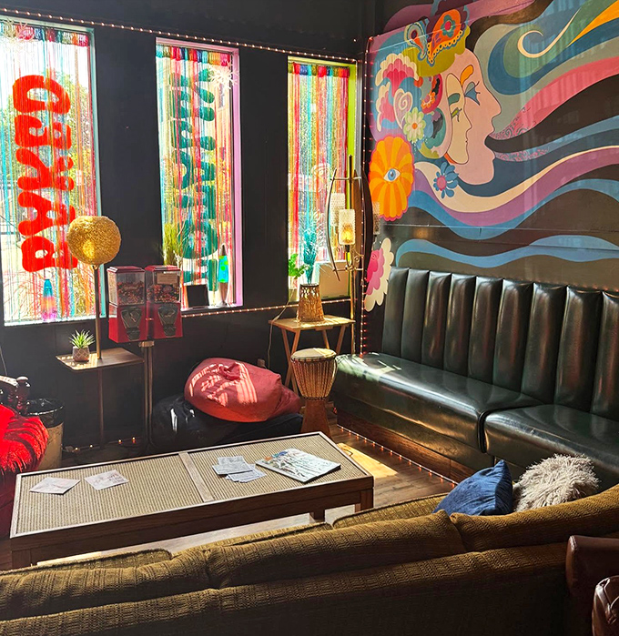 The living room you wish you had—complete with beaded curtains that separate you from the real world and its distinct lack of amazing pizza.