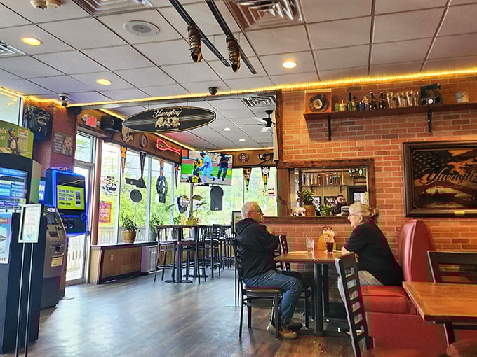 The dining room's nostalgic decor feels like your favorite uncle's basement—if your uncle were a gourmet chef with excellent taste in memorabilia.