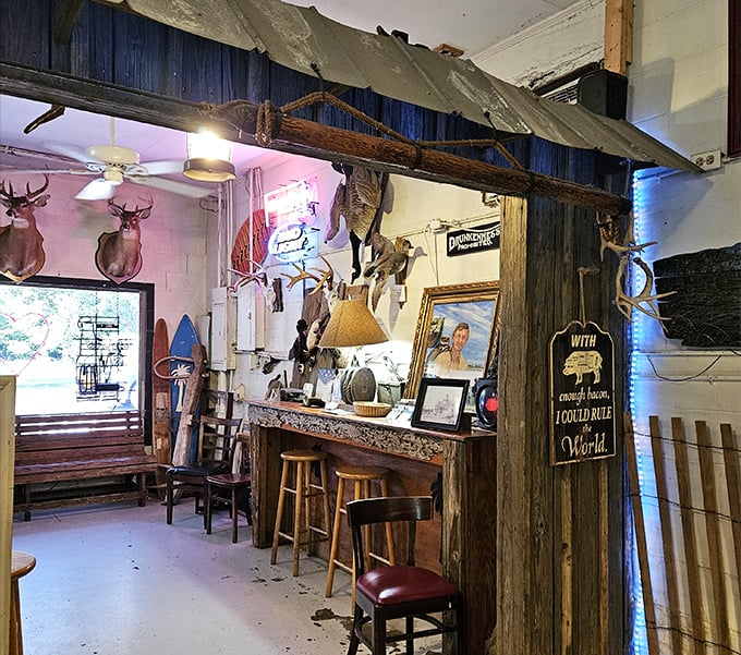 Mounted fish, hunting trophies, and weathered wood—this isn't décor, it's biography. Every item tells a chapter of McClellanville's coastal story.