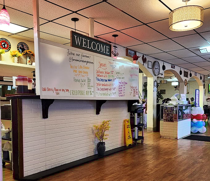 The "Welcome" board and homey touches remind you this isn't some chain restaurant experience—it's the real deal where daily specials are actually special.