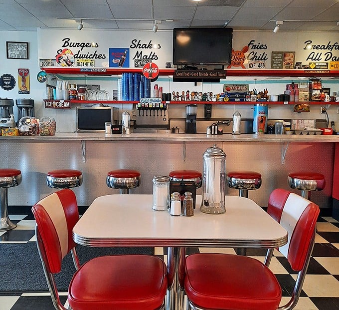 The counter and booth setup isn't retro by design—it's authentic by survival, a genuine slice of Americana that never went out of style.