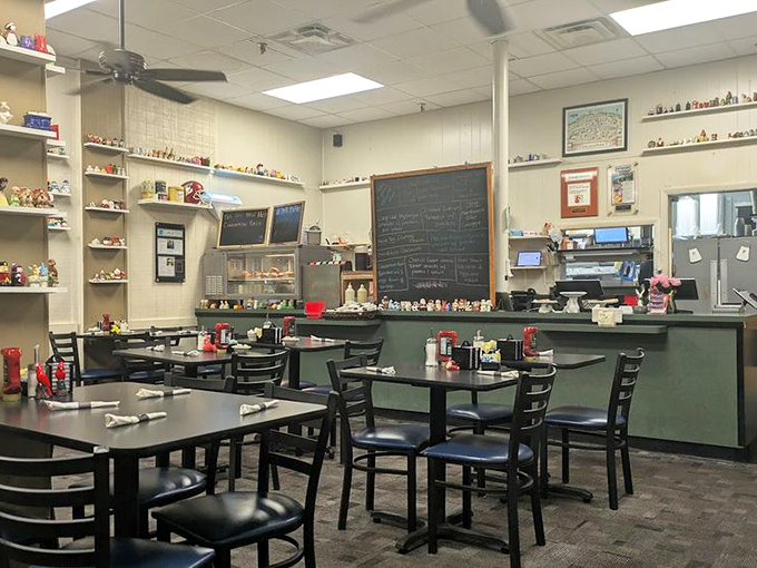 The dining room feels like your favorite aunt's kitchen – if your aunt collected hundreds of salt and pepper shakers and made incredible omelets.