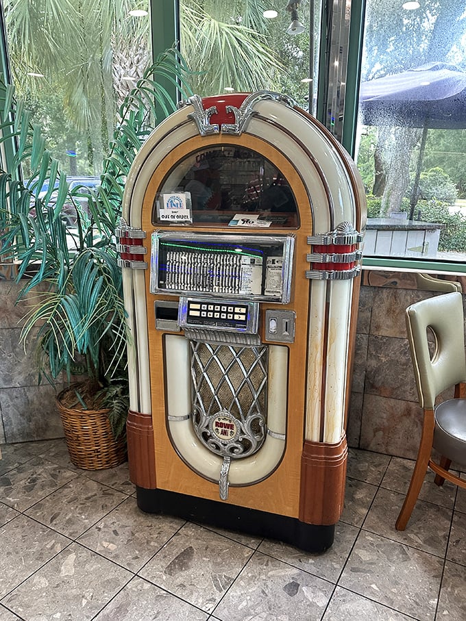 The vintage jukebox stands ready to provide the soundtrack to your meal—because pancakes taste better with a side of nostalgic tunes.
