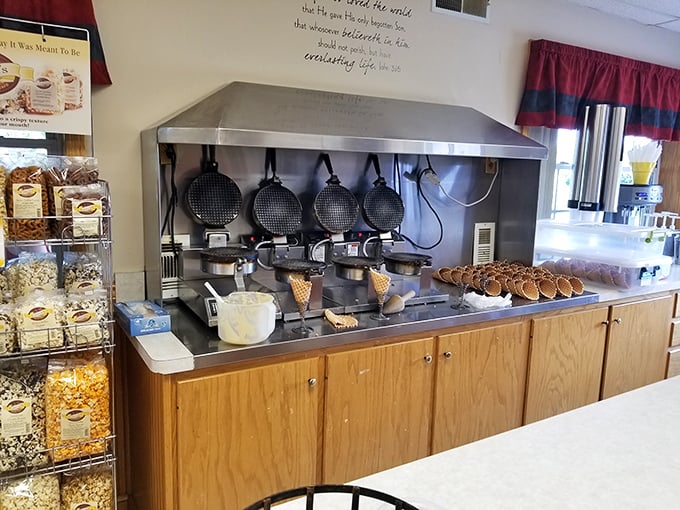 The waffle iron station—birthplace of those golden, crispy cones that make the perfect vessel for farm-fresh scoops.