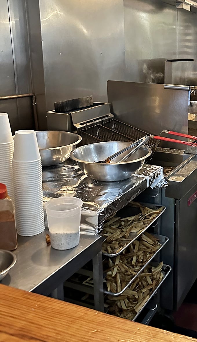 Behind the scenes where the magic happens – that griddle has seen more action than a Bruce Willis movie.