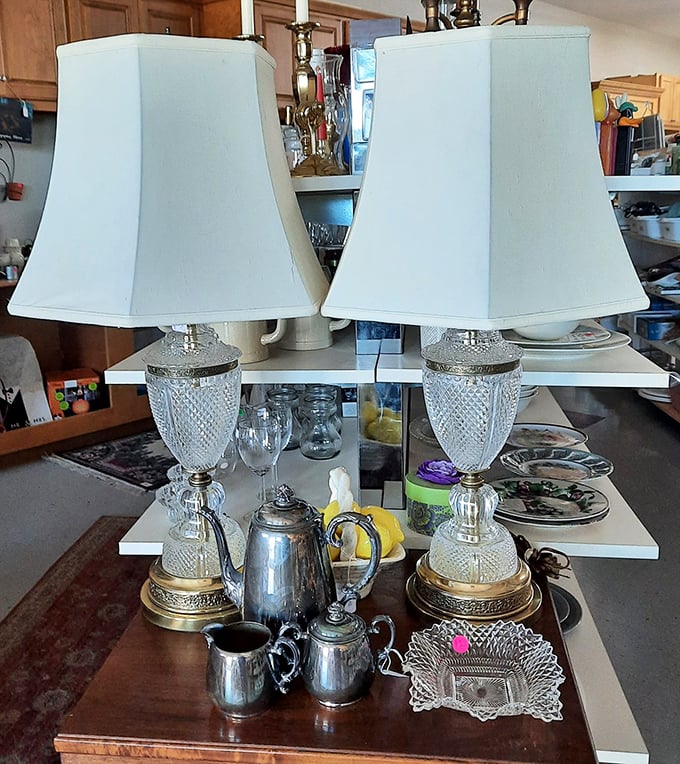Crystal elegance meets vintage silver. These lamps and tea sets have illuminated conversations and served refreshments across generations.