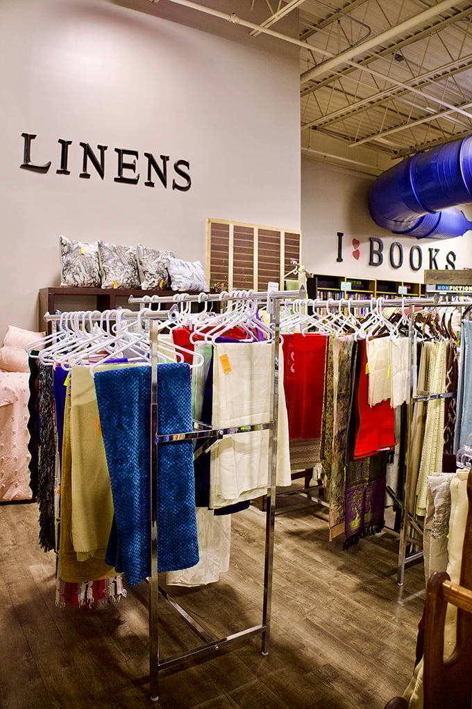 The linens department offers fabric treasures in every hue, from "grandmother's guest room blue" to "bold statement tablecloth red." 