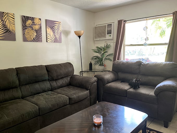 This leather sectional setup could be straight out of a home staging magazine – proof that secondhand doesn't mean second-rate.