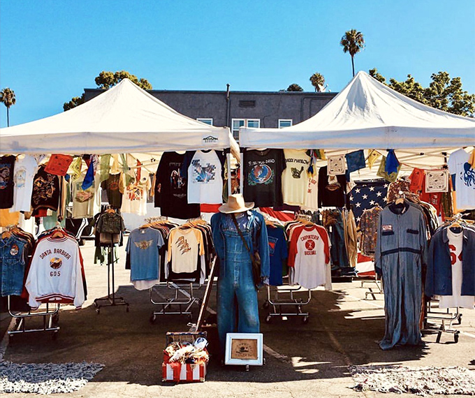 Denim overalls stand guard over a collection of graphic tees that chronicle California's pop culture history one logo at a time.