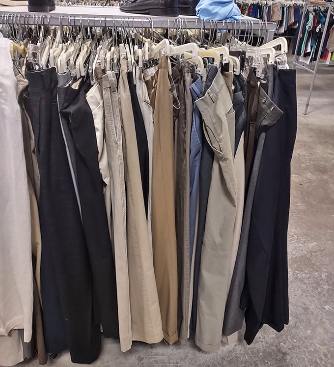 The men's pants section: where khakis of every shade stand at attention, waiting for their chance at a second career.