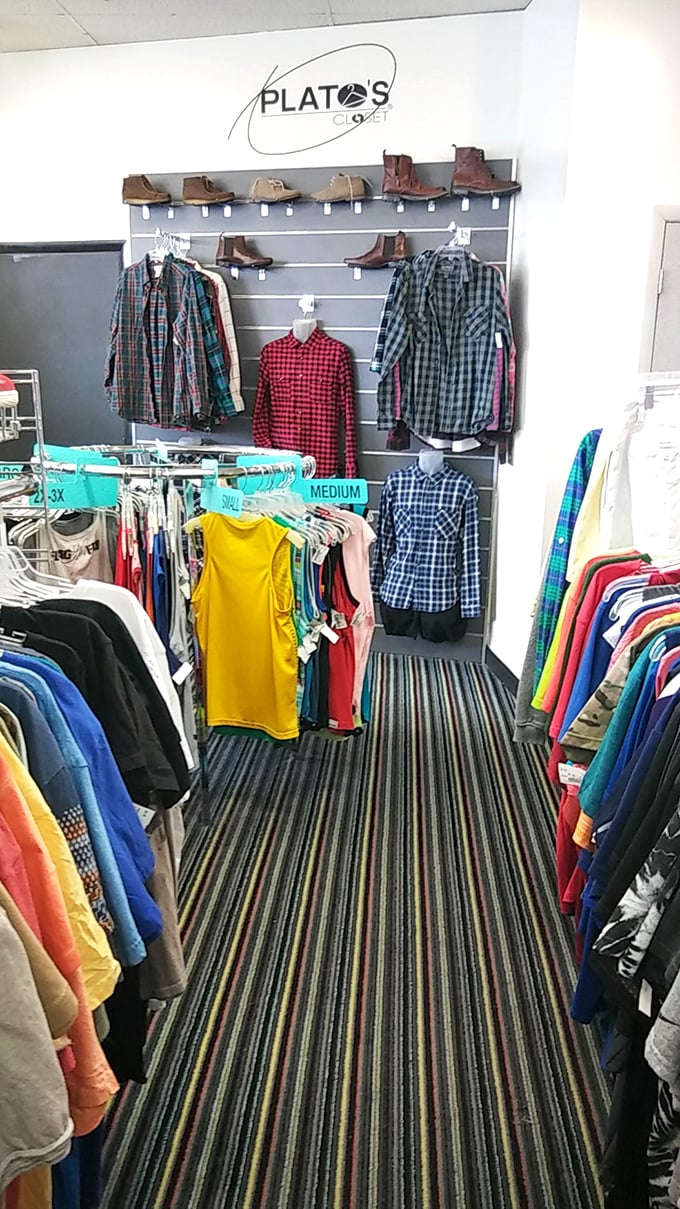 A color-coded journey through men's casual wear, where the striped carpet matches the adventurous spirit of thrift shopping.