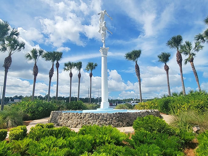 A mermaid statue surrounded by palm trees—Florida's subtle way of saying, "Yes, we embrace our wonderfully weird mythology."