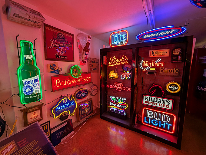 The beer sign corner looks like what would happen if your college dorm room grew up, got sophisticated, and learned about proper lighting.