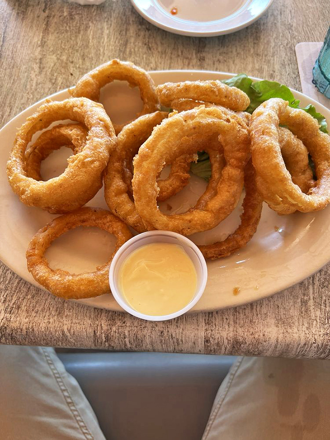 Onion rings with the perfect crunch-to-tender ratio. That dipping sauce isn't just an afterthought—it's essential to the experience.