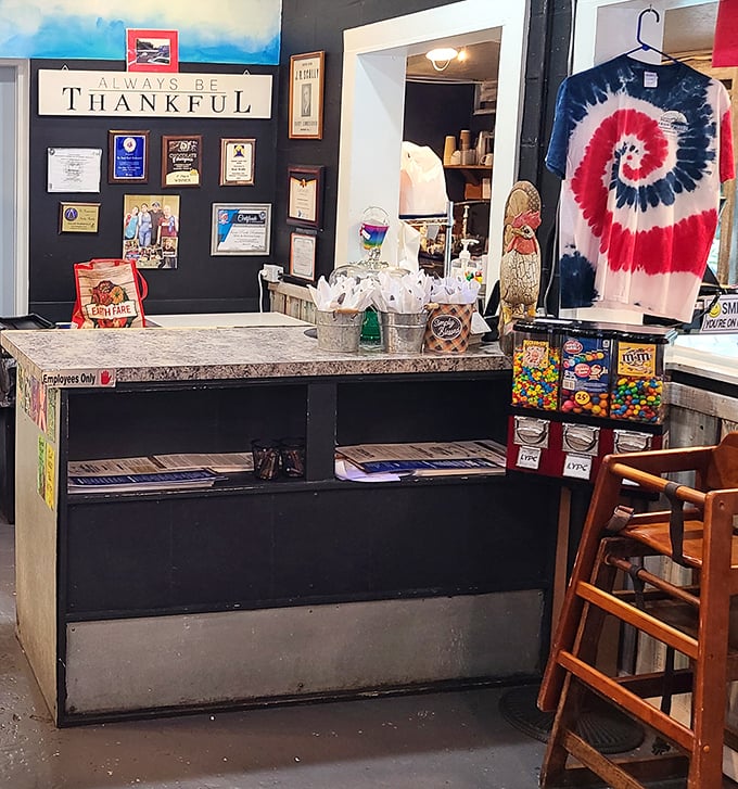 The counter where magic begins—complete with an "Always Be Thankful" sign that reminds you good food and gratitude go hand in hand.