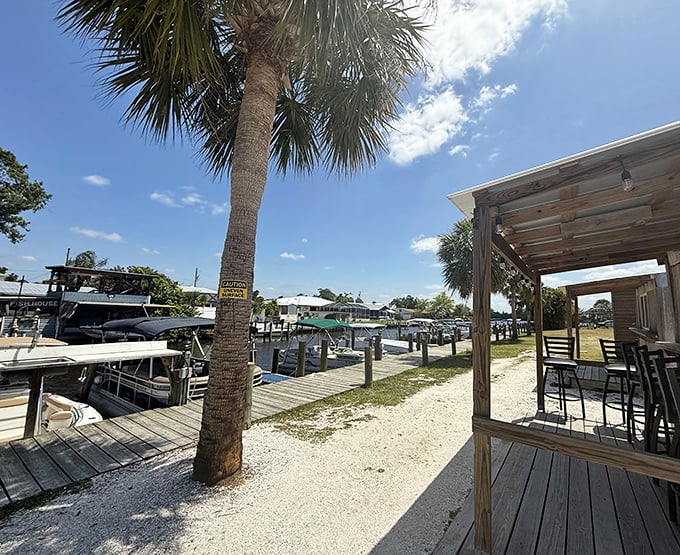 The waterfront view comes standard with every meal—palm trees, boat docks, and the gentle Peace River creating nature's perfect dining backdrop.