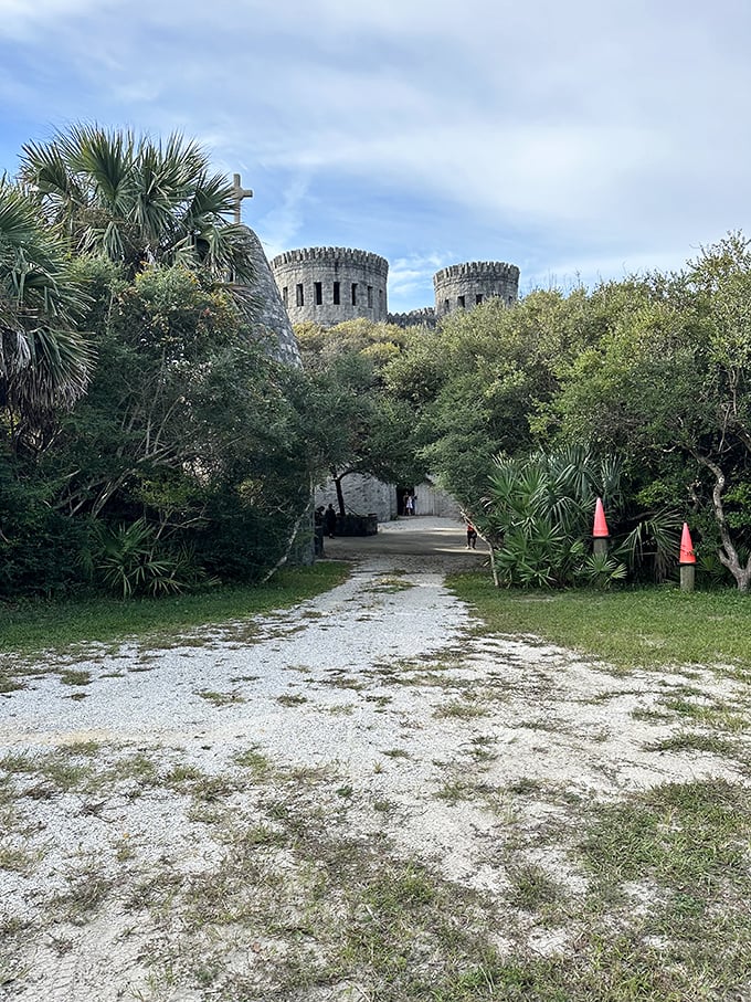 The approach to Castle Otttis feels like a journey through time, with palm trees standing in for the traditional moat and drawbridge.