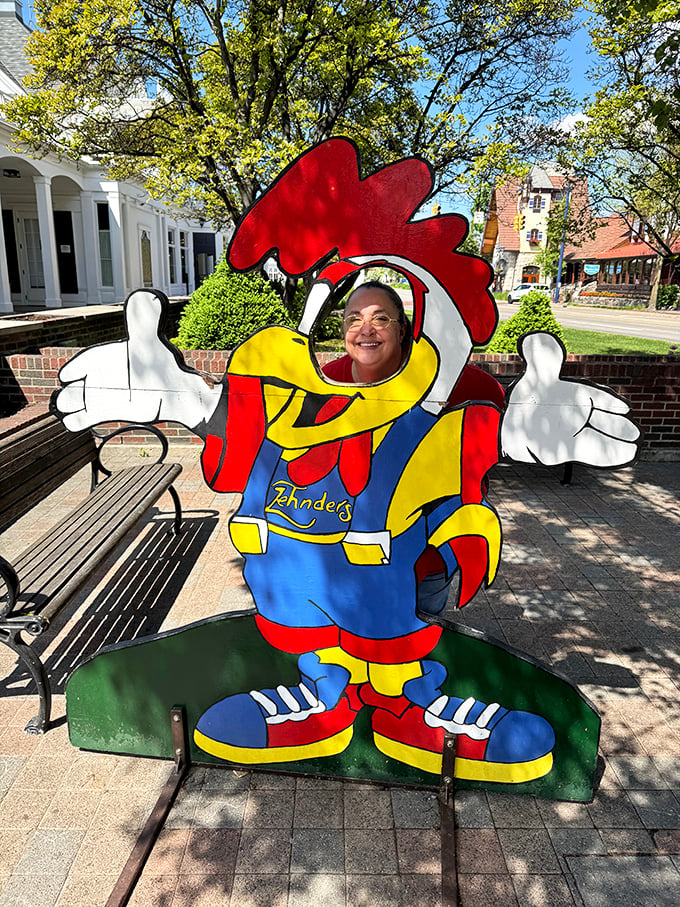 The chicken mascot photo op—where dignity goes to die, but Instagram gold is born. Worth every second of the inevitable family teasing.