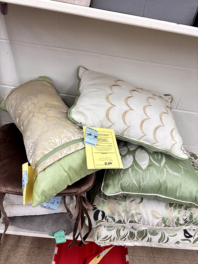 Decorative pillows pile up like colorful clouds, offering instant room makeovers for just a few dollars each piece.