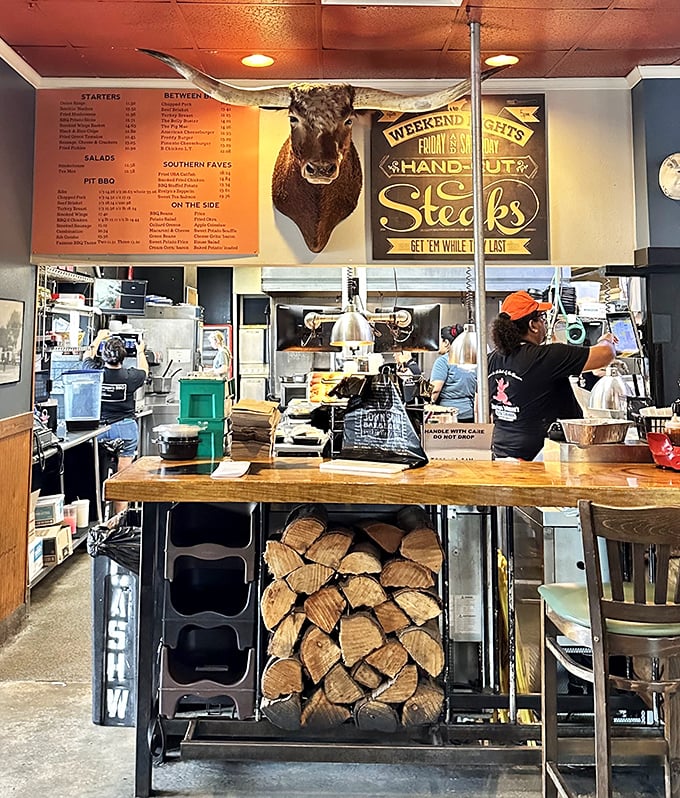 Where the magic happens—complete with mounted buffalo head supervisor keeping watch over quality control.