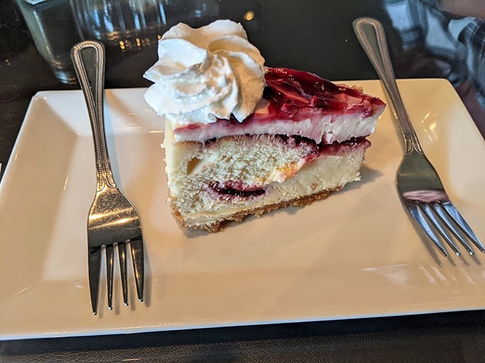 A slice of cheesecake that makes you understand why people write songs about love – the raspberry topping adding just the right amount of tartness.
