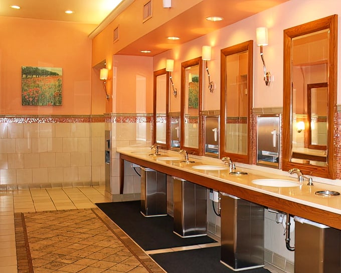 Even the restrooms maintain the mall's commitment to desert-inspired aesthetics—because every aspect of the shopping experience matters.