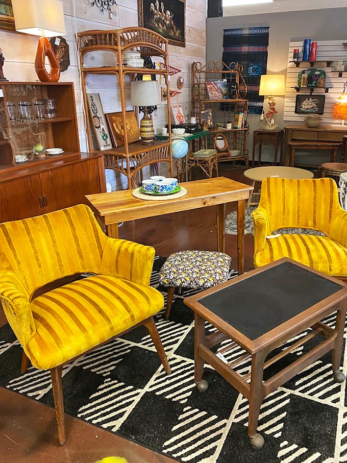 Those mustard yellow chairs aren't just furniture—they're conversation starters with stories to tell. The pattern mixing is deliciously bold.
