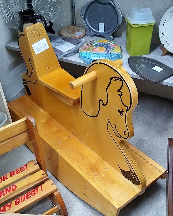 This wooden rocking horse isn't just a toy—it's childhood distilled into physical form. Someone's grandparent likely crafted this with love and patience.