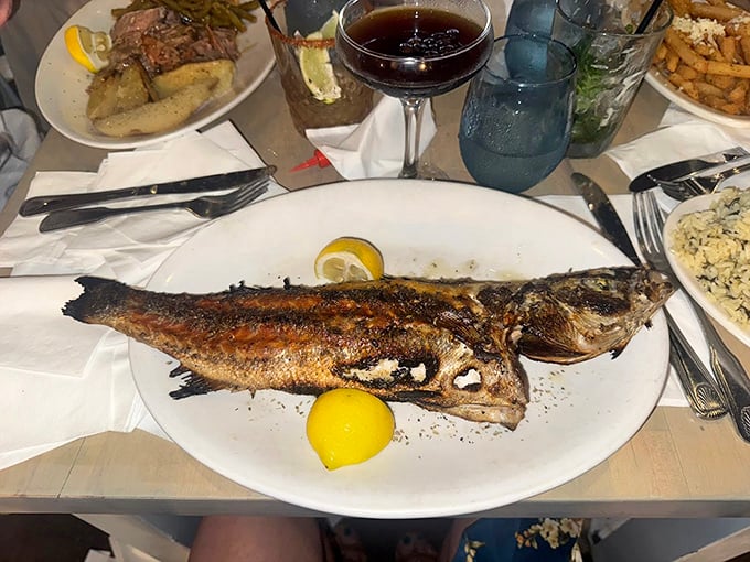 A whole grilled fish stares back at you, its crispy skin and tender flesh offering a direct line to Greek coastal dining—minus the Aegean view and stray cats.