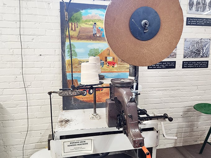 The potato sack sewing machine—because even potatoes deserve stylish outfits before heading to market. Fashion meets function in agricultural history.
