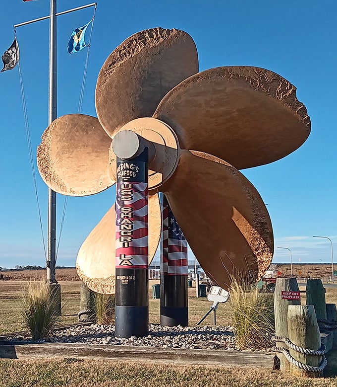 Not just a propeller—a landmark announcing you've arrived at seafood paradise. Like the Statue of Liberty for the hungry and crab-obsessed.