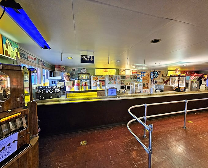 The concession stand—where calories don't count and the neon glow makes everything taste better than it does at home.