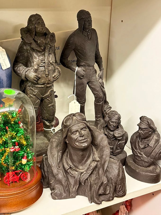 These aviation-themed sculptures capture the romance of early flight—when pilots were rock stars and nobody charged you extra for a carry-on bag.