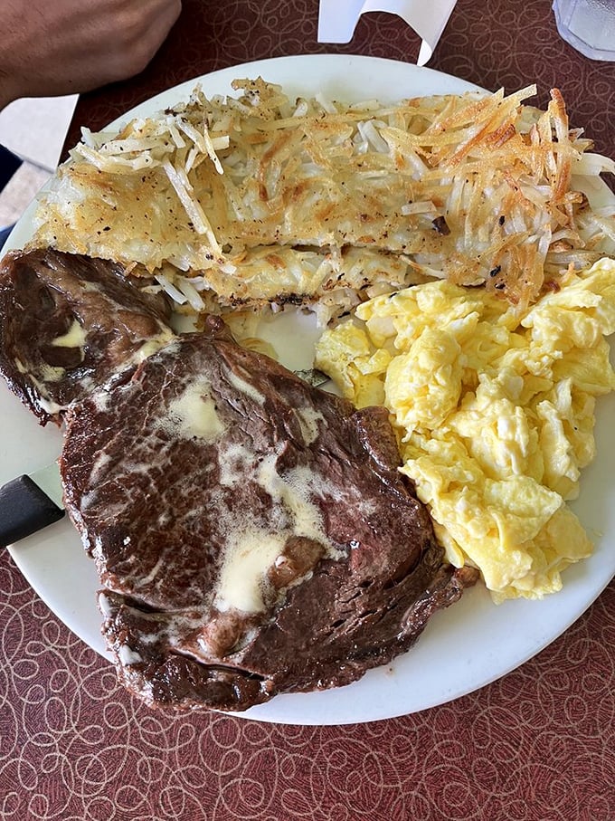 A proper steak with eggs and hash browns that look like they've been crisped by angels. This is breakfast with ambition.