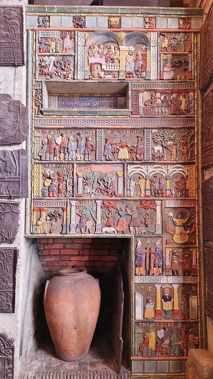 This isn't just decoration—it's storytelling in clay. Each colorful tile panel captures slices of American life with the charm of a folk art masterpiece. 