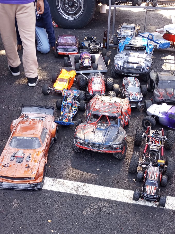 Miniature speedway dreams! These remote-controlled cars await new owners who understand that growing older doesn't mean growing up.