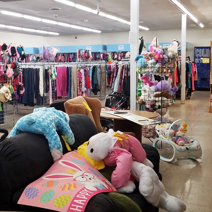 A couch adorned with stuffed animals and Easter decor—the seasonal section is where holidays past and future converge in plush harmony.