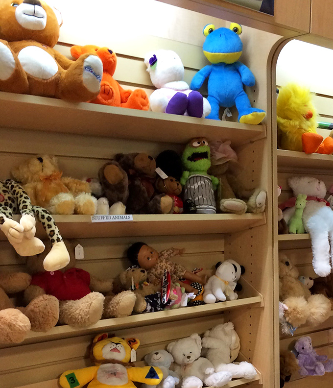 The stuffed animal section—where previously loved teddy bears and colorful creatures await new hugs from the next generation.