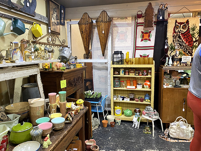 Pyrex bowls in harvest gold, vintage cookware, and colorful ceramics—the DNA of American kitchens displayed like archaeological findings from our recent past.