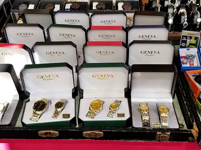 Time stands still at the watch counter, where Geneva elegance meets flea market prices. Who needs a smartwatch when these classics never need updating?