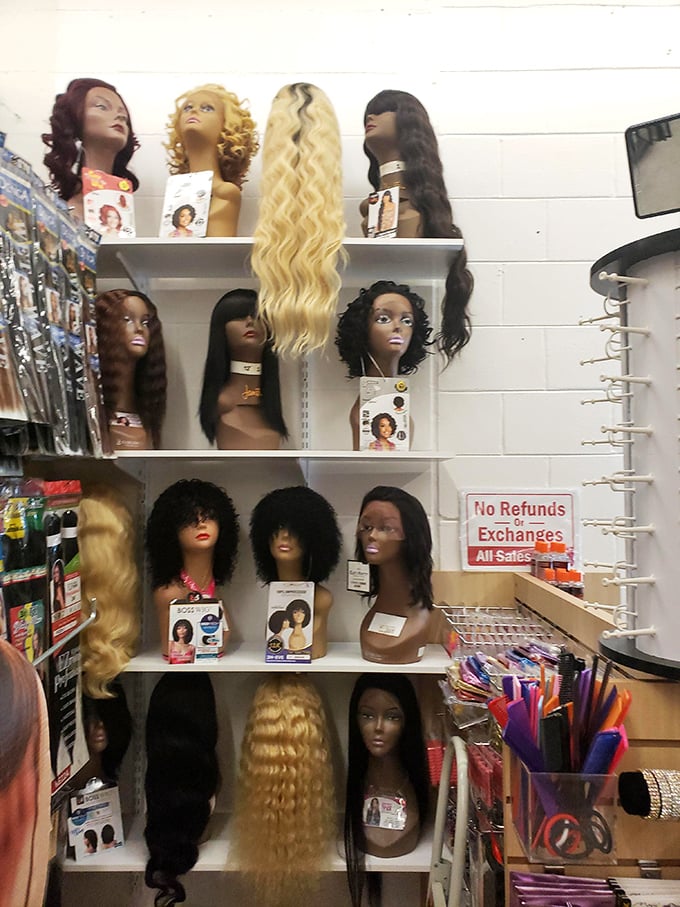 The wig display showcases personality transformations waiting to happen – from subtle enhancements to bold reinventions.