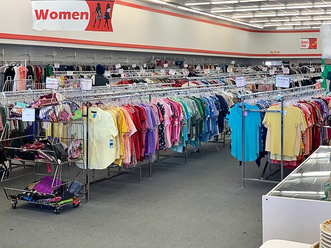 The women's department: a kaleidoscope of fashion possibilities. Yesterday's trends waiting for tomorrow's revival at a fraction of retail prices.